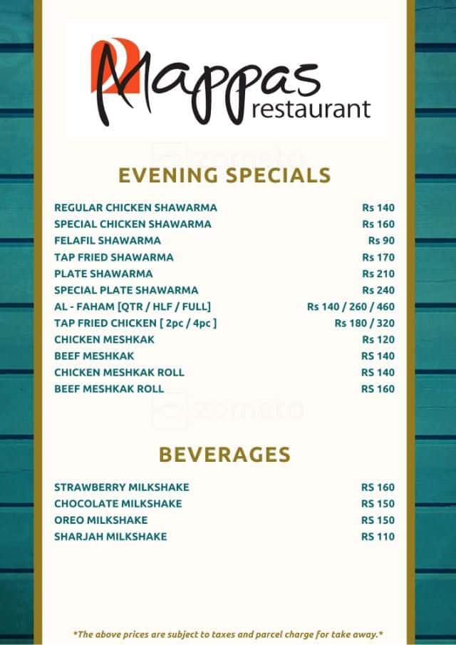 Menu of Mappas Restaurant, Kaloor, Kochi