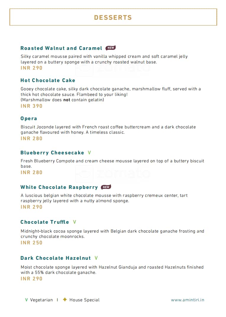 Menu of Amintiri, Church Street, Bangalore
