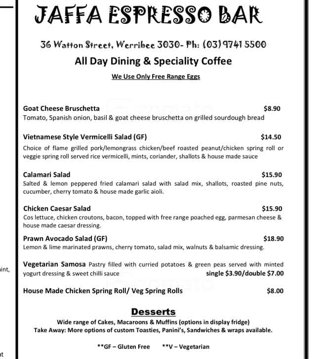 Menu at Cafe B2B Barrister To Barista By Jaffa, Werribee