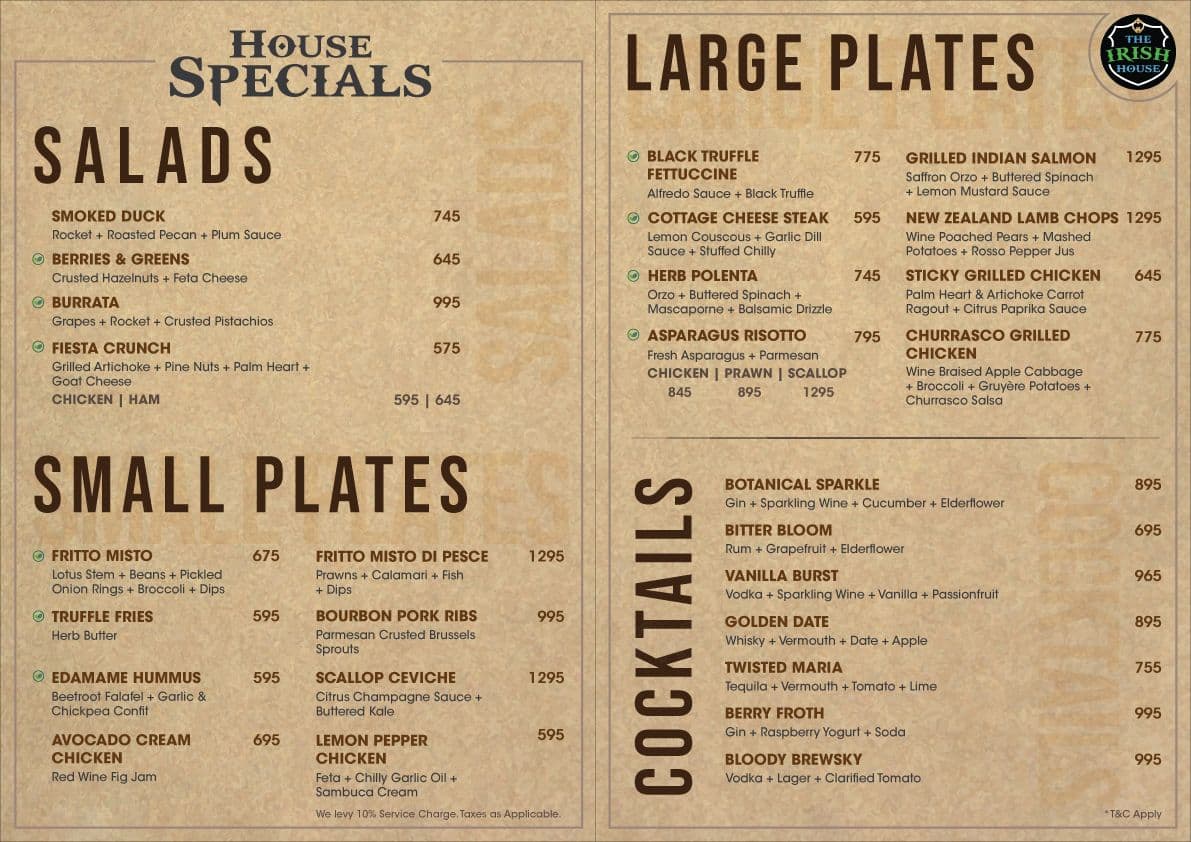 Menu of The Irish House, Bellandur, Bangalore