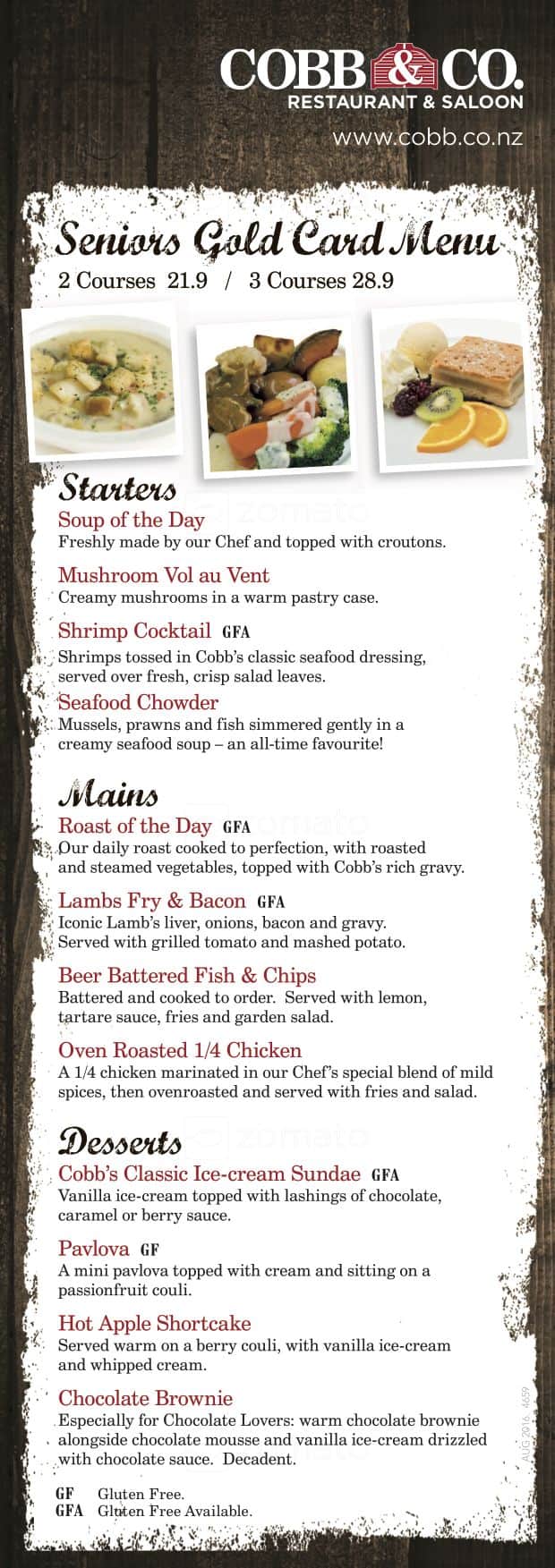 Menu at Cobb & Co. New Plymouth steakhouse, New Plymouth