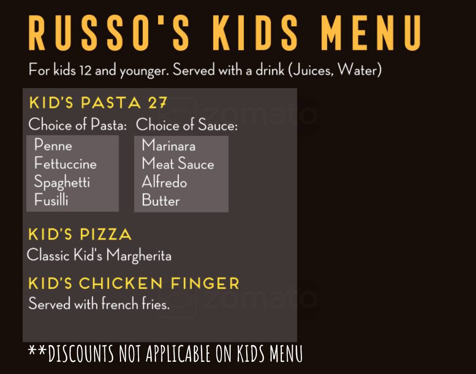 Menu at Russo's New York Pizzeria, Dubai, Springs Souq - Al Asayel St