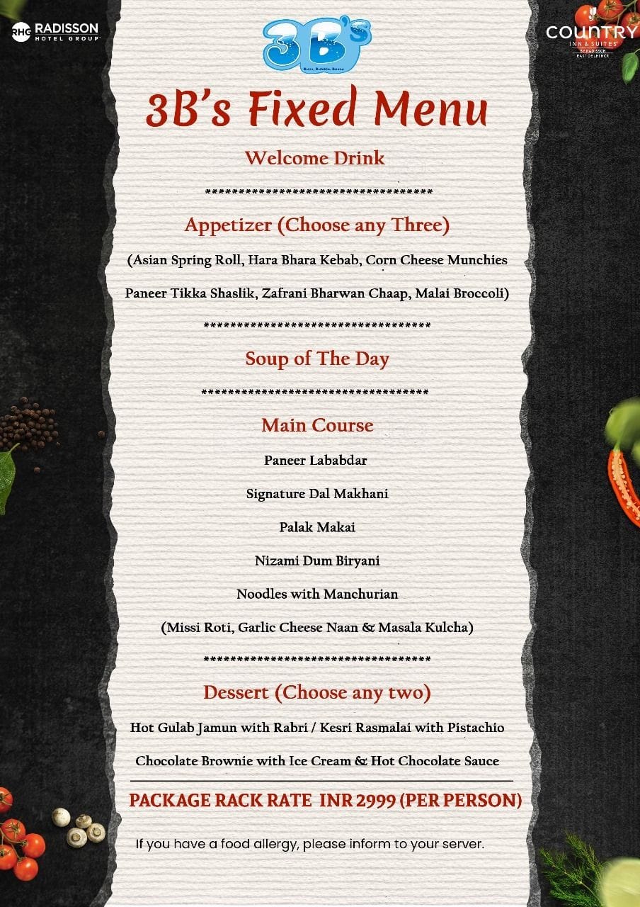Menu of 3B's - Country Inn & Suites By Radisson, Sahibabad, Ghaziabad