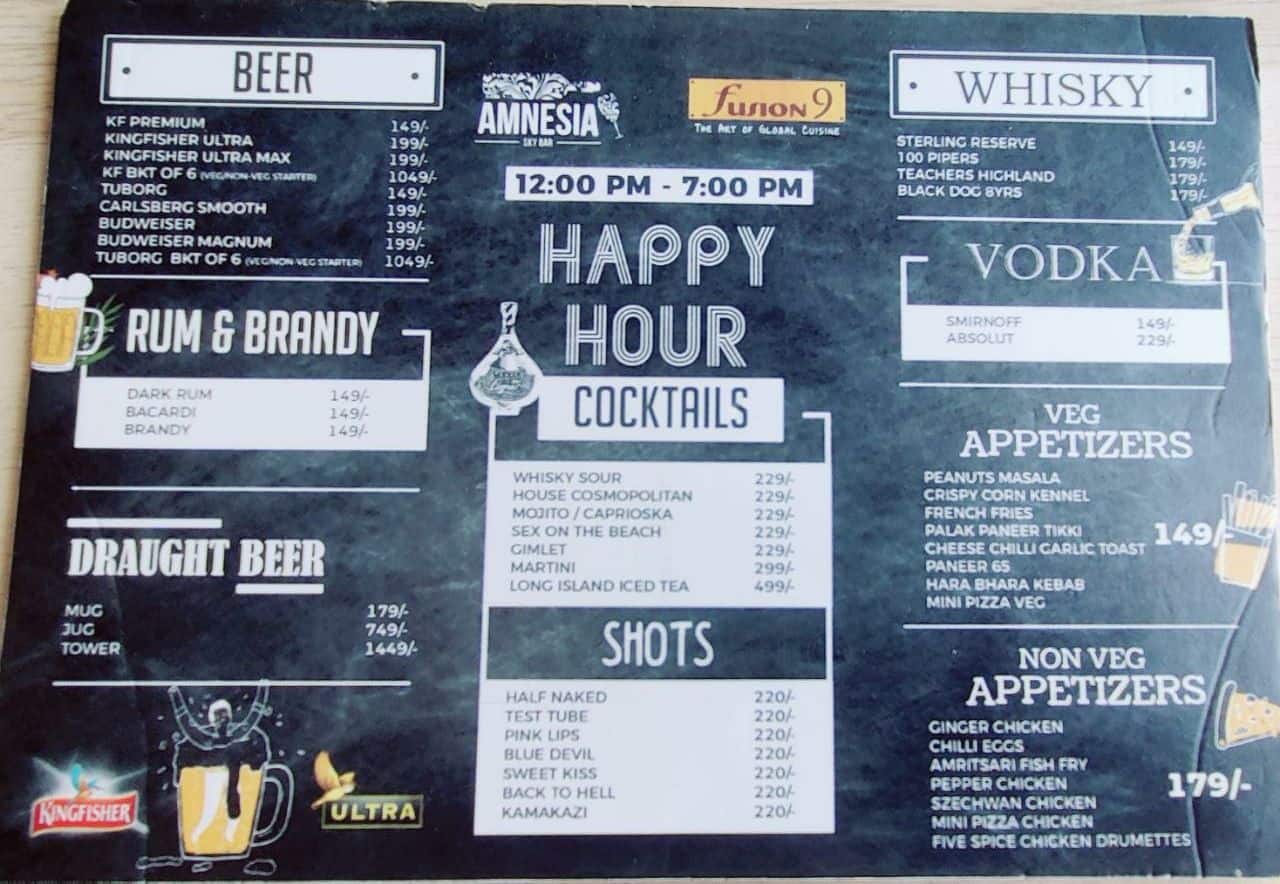 Menu of Amnesia Sky Bar, Hitech City, Hyderabad