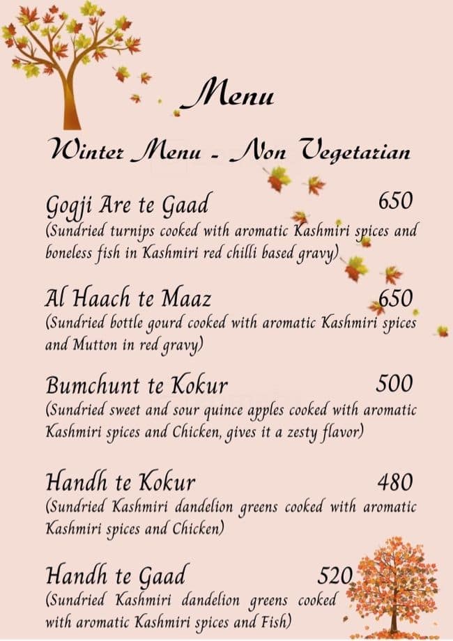 Menu at Chinar, Pune