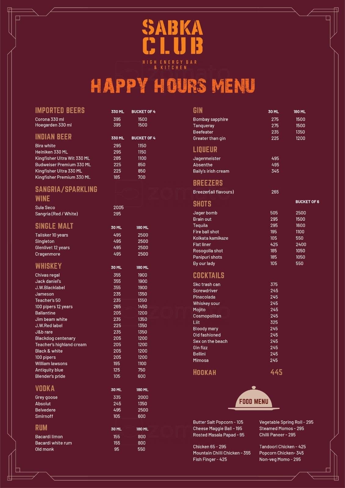 Menu of Sabka Club, Topsia, Kolkata