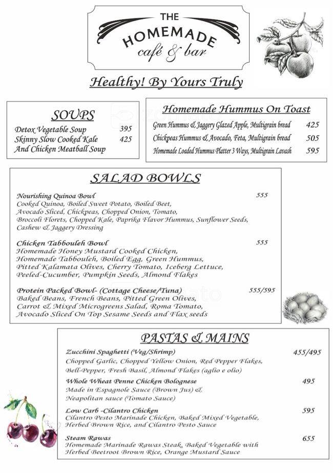 Menu of The Homemade Cafe & Bar, Juhu, Mumbai