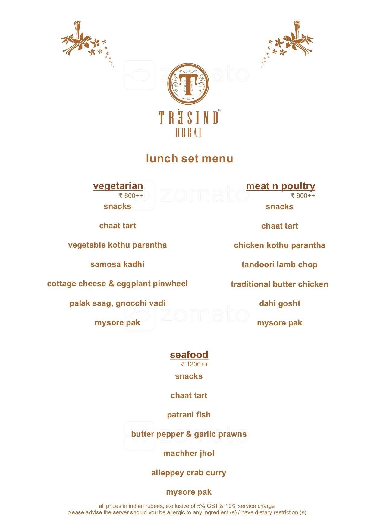Menu at Trèsind, Mumbai