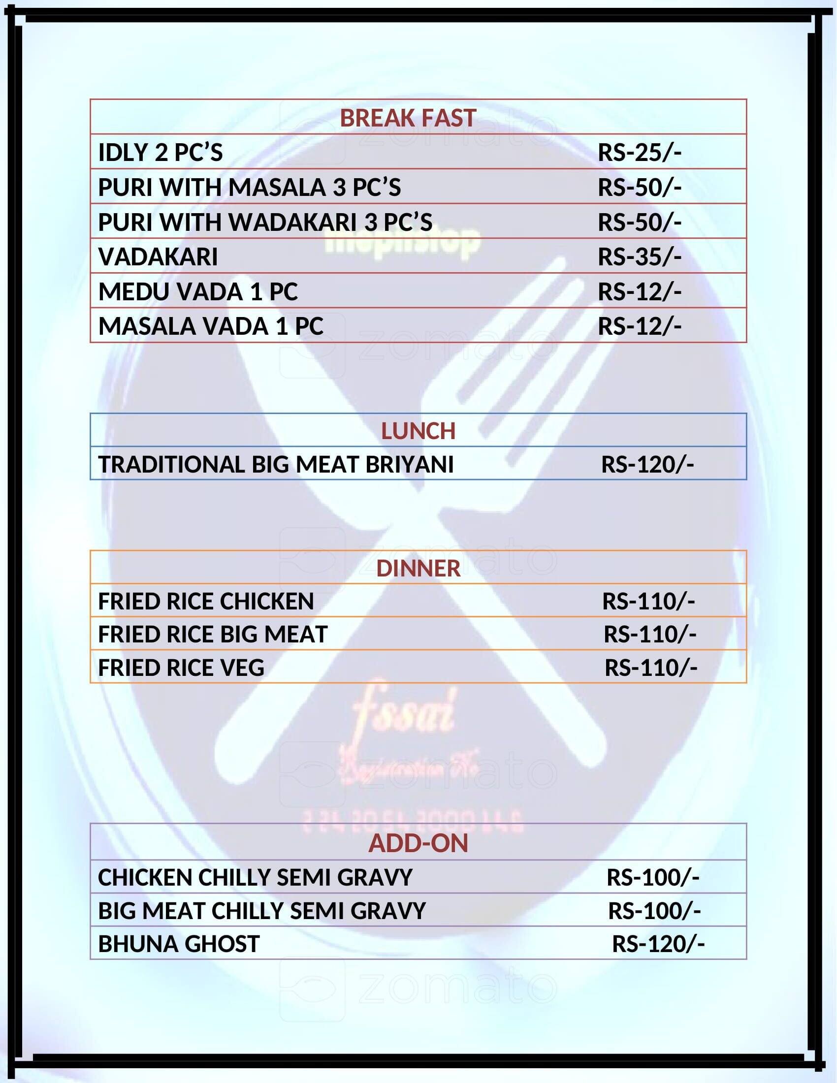 Menu of The Pit Stop, Purasavakkam, Chennai