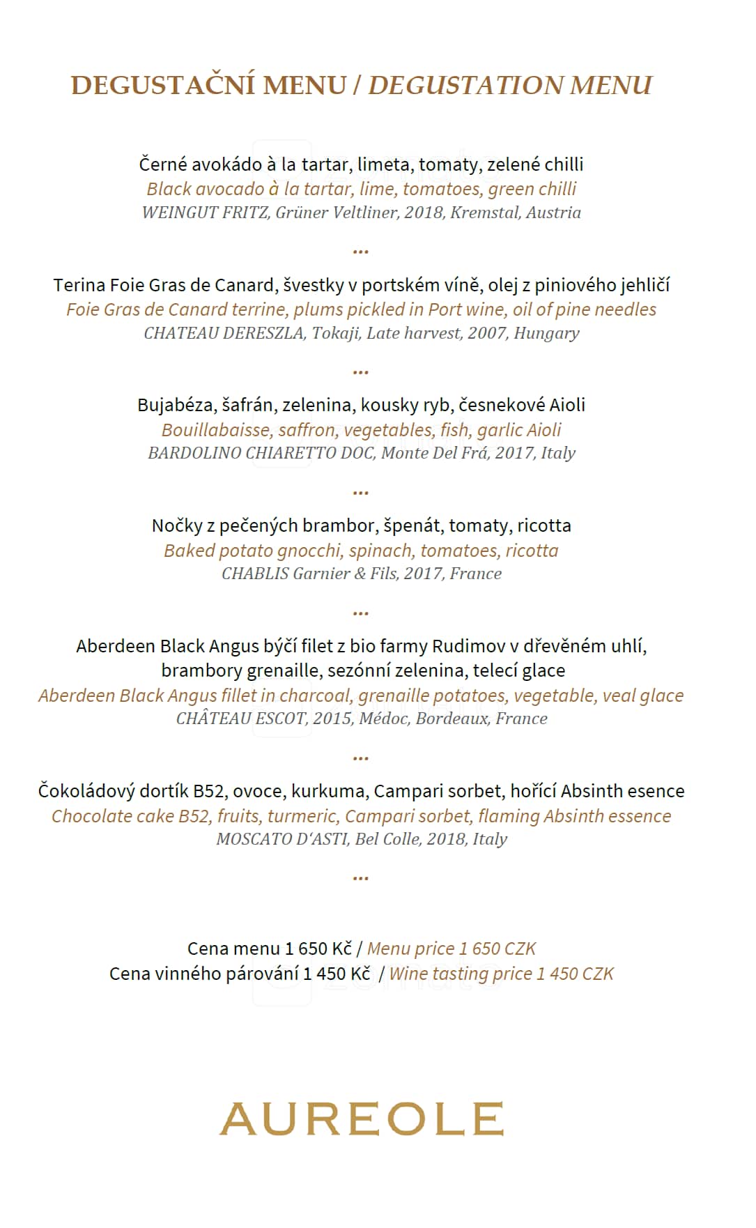 Menu at Aureole Fusion Restaurant and Lounge, Prague