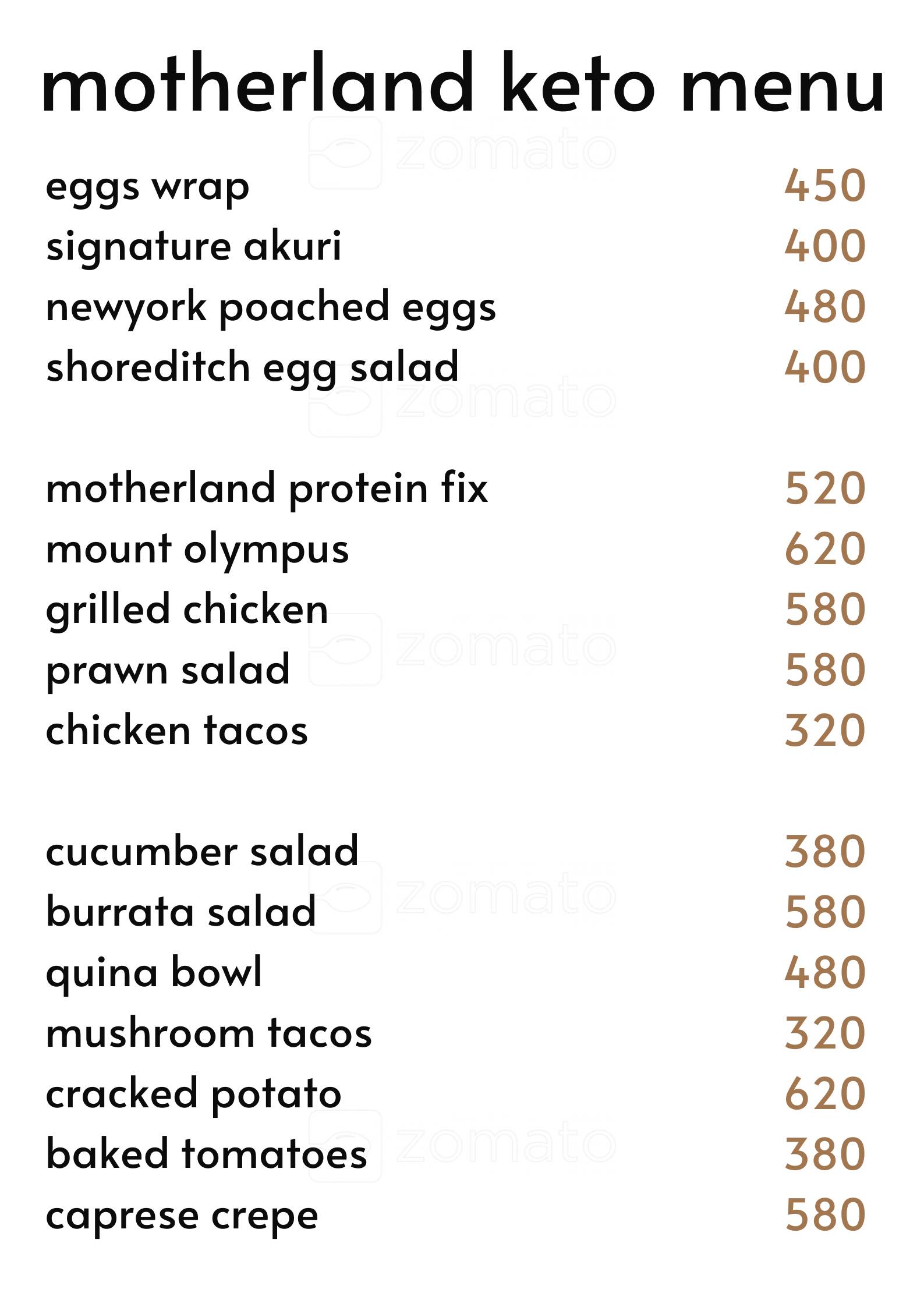 Menu of Motherland Studio & Cafe, Chowringhee, Kolkata