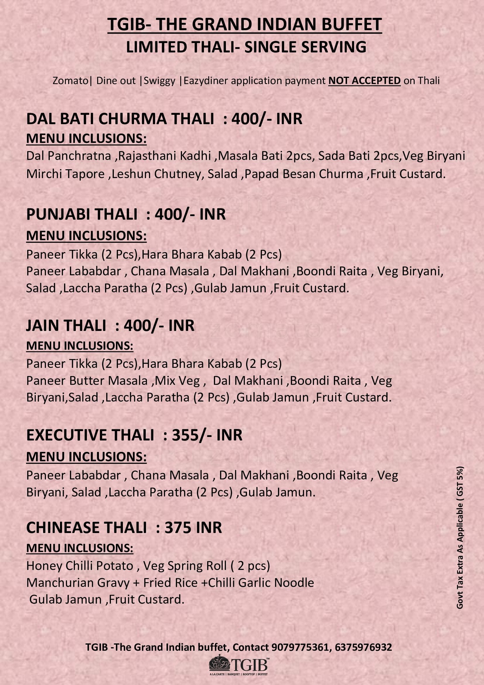 Menu of TGIB : The Grand Indian Buffet, Vaishali Nagar, Jaipur