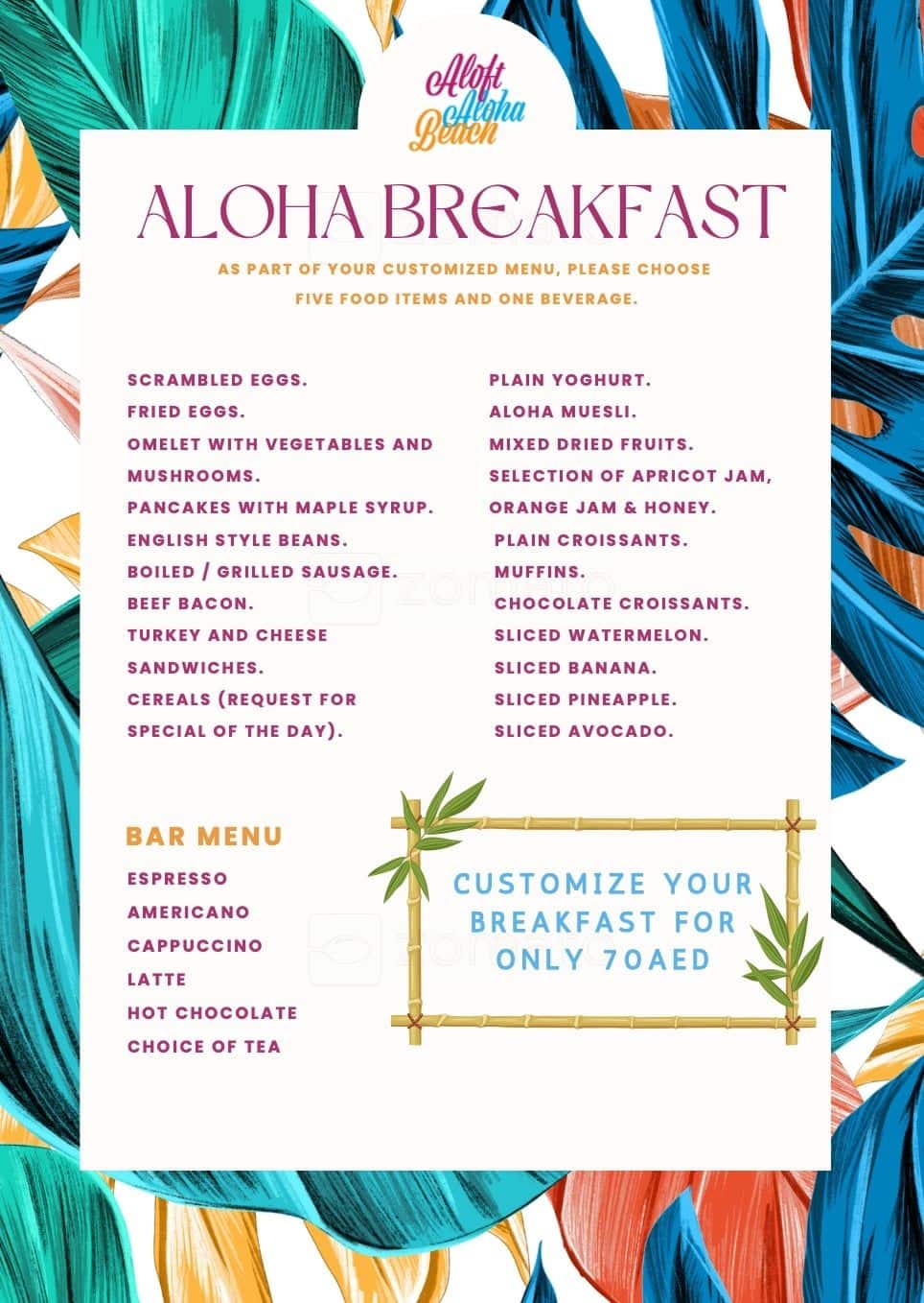 Menu of Aloft Aloha Beach, Palm Jumeirah, Dubai
