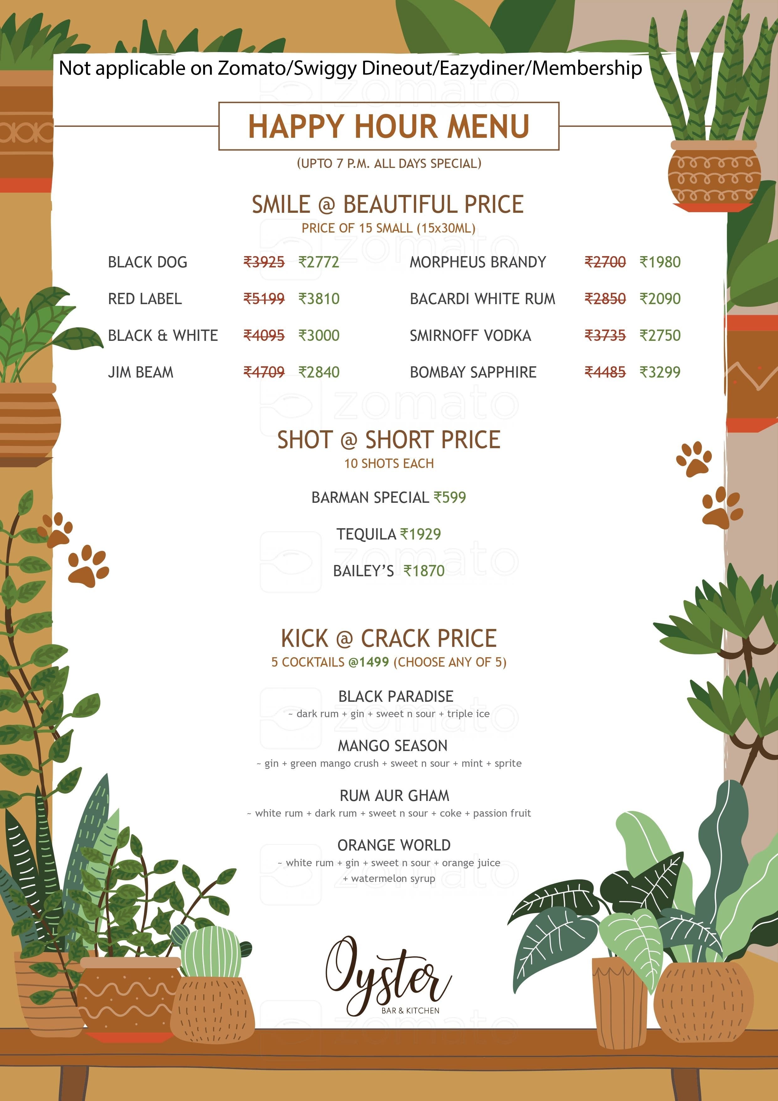 Menu of Oyster Bar & Kitchen, HSR, Bangalore