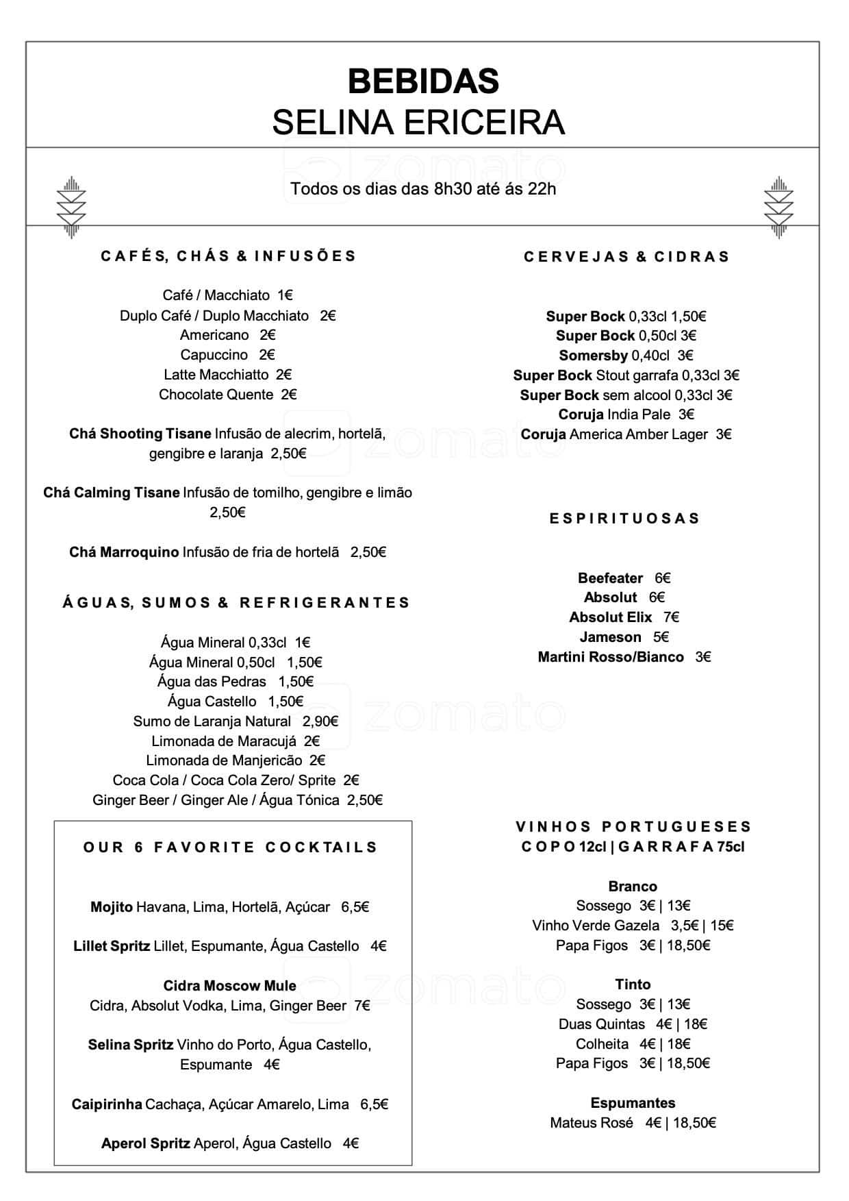 Menu at Selina Ericeira cafe, Portugal