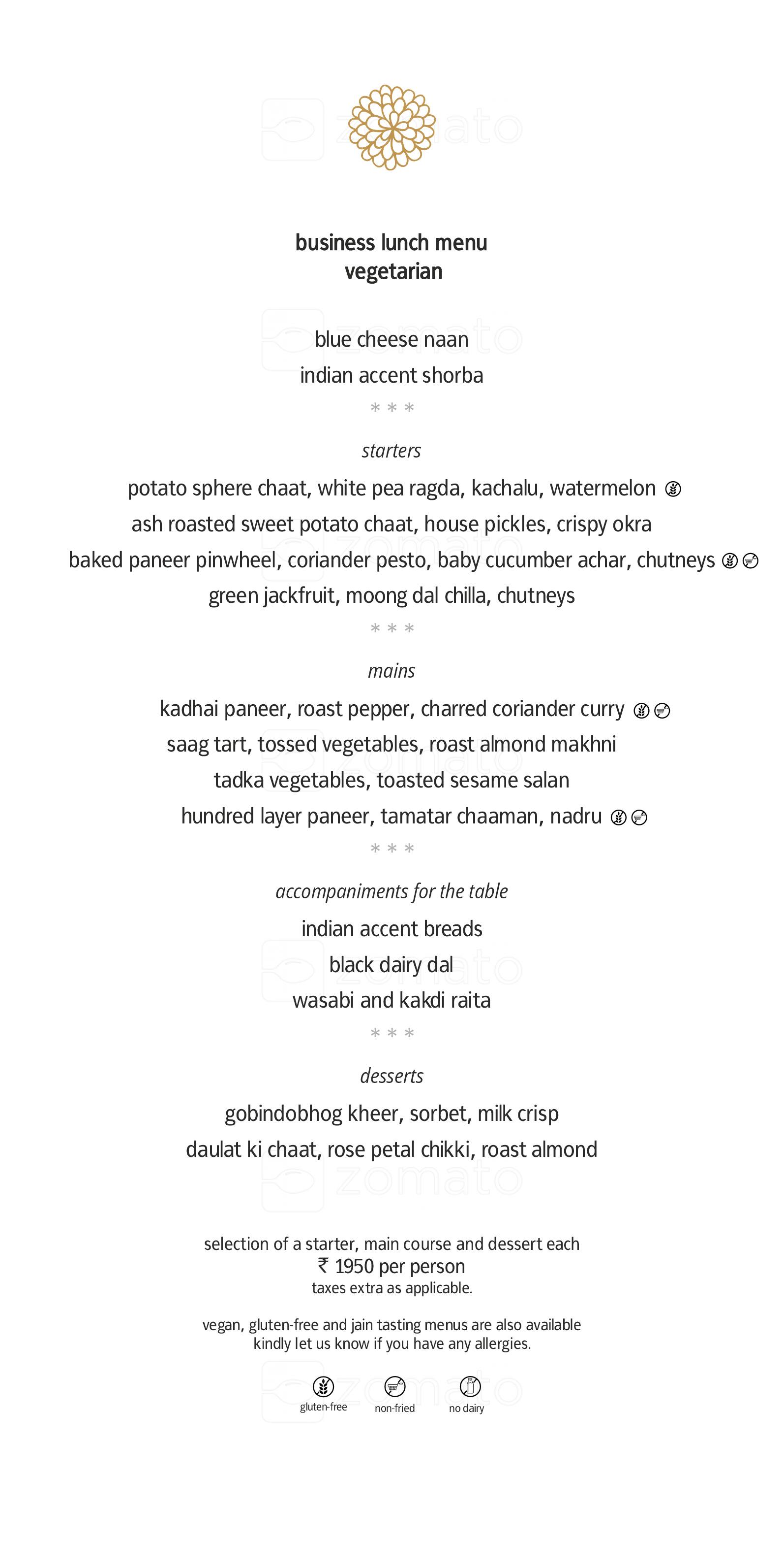 Menu of Indian Accent, Bandra Kurla Complex, Mumbai