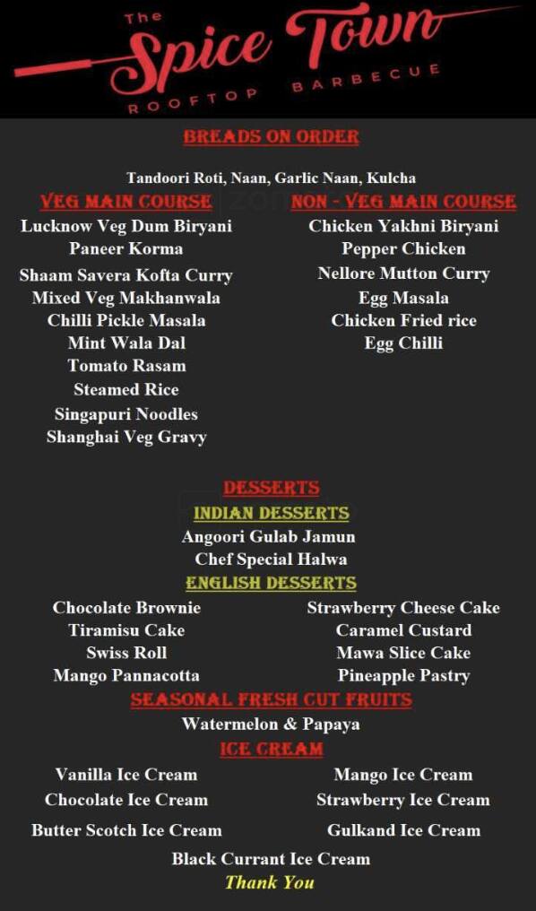 Menu of The Spice Town, Rajarajeshwari Nagar, Bangalore