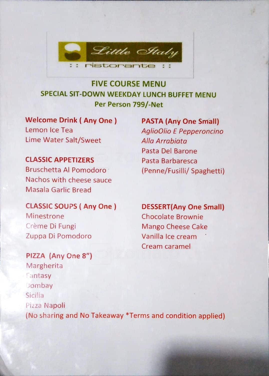 Menu of Little Italy, Nungambakkam, Chennai