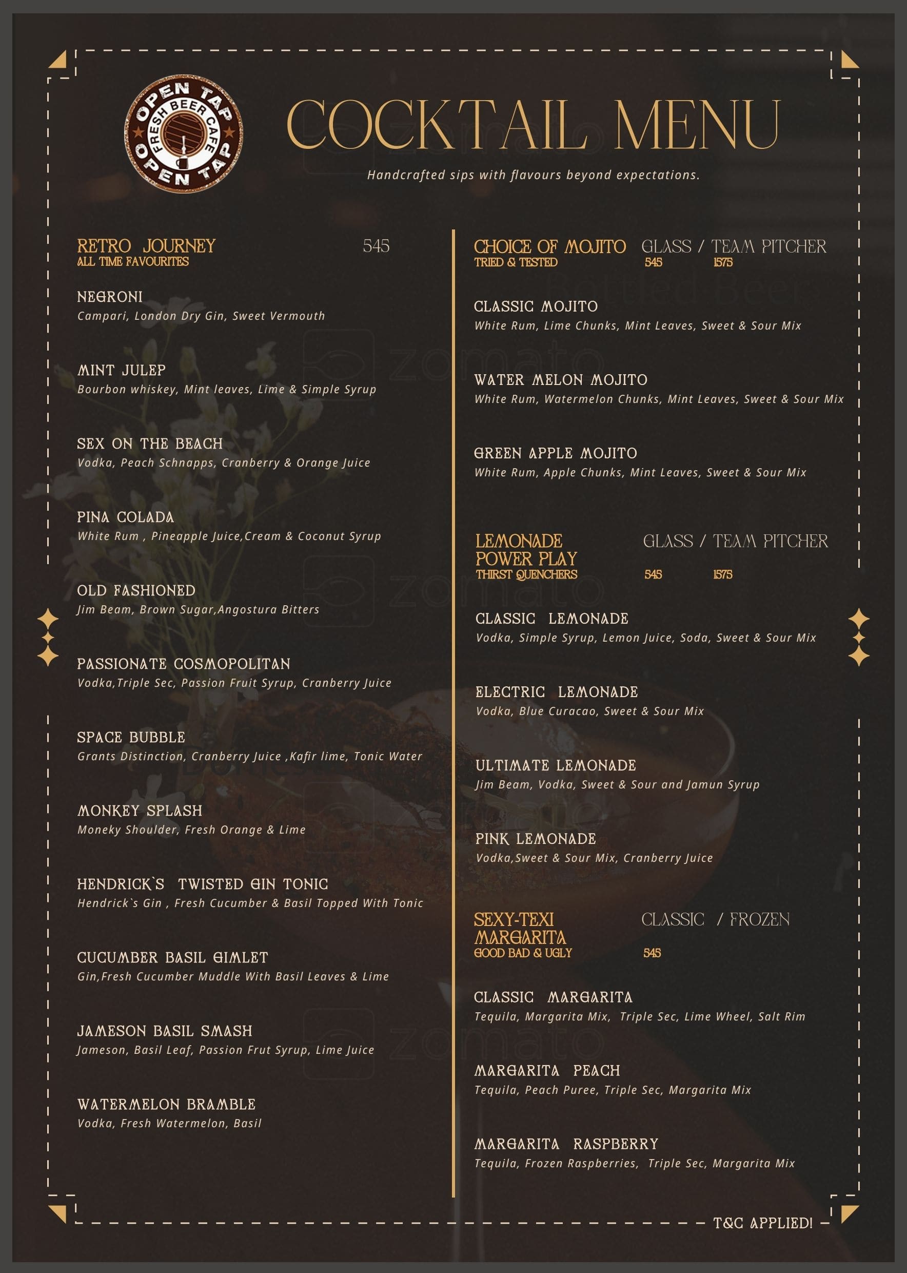 Menu of Open Tap 29, Sector 29, Gurgaon