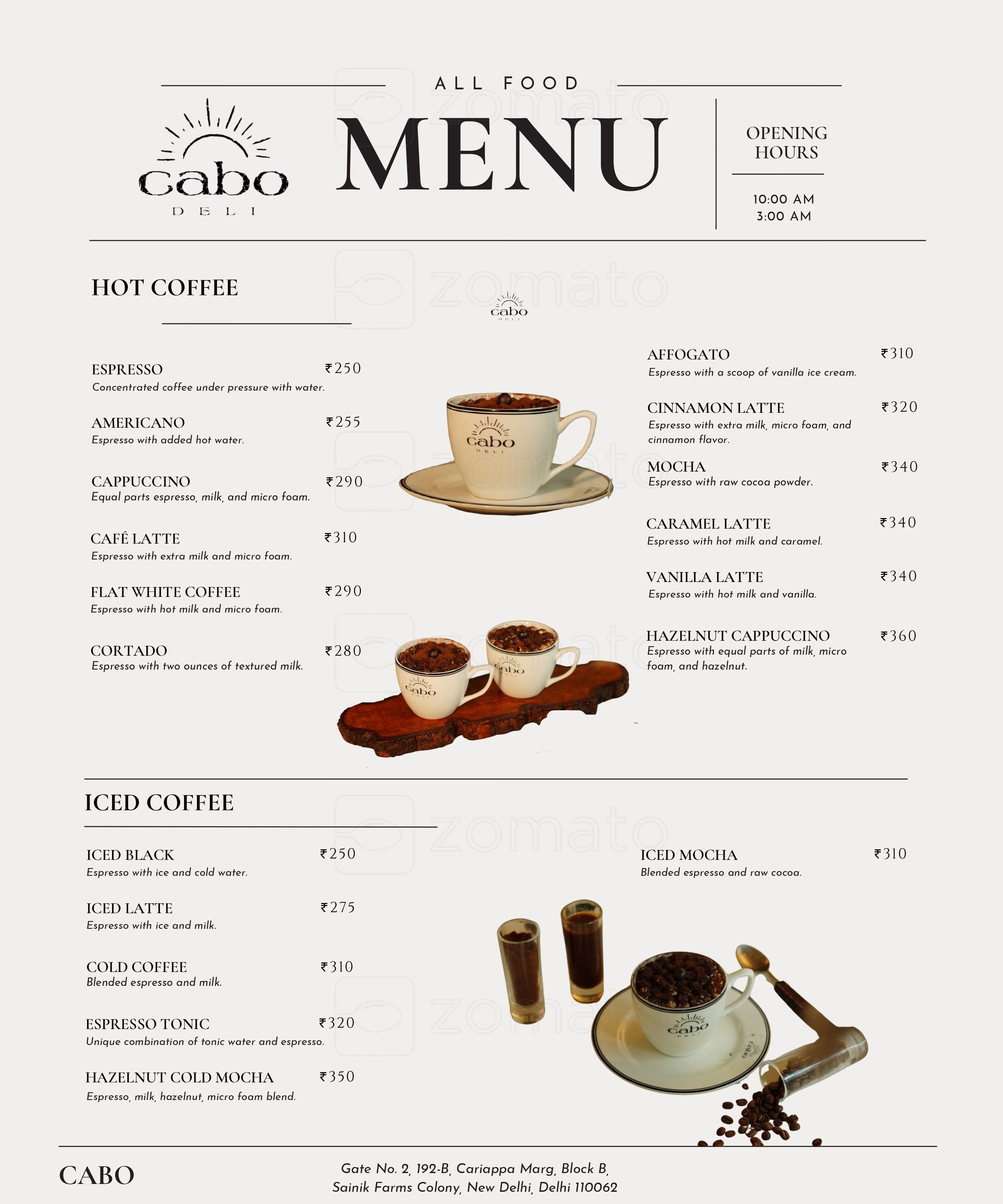 Menu of Cabo Deli, Sainik Farms, New Delhi