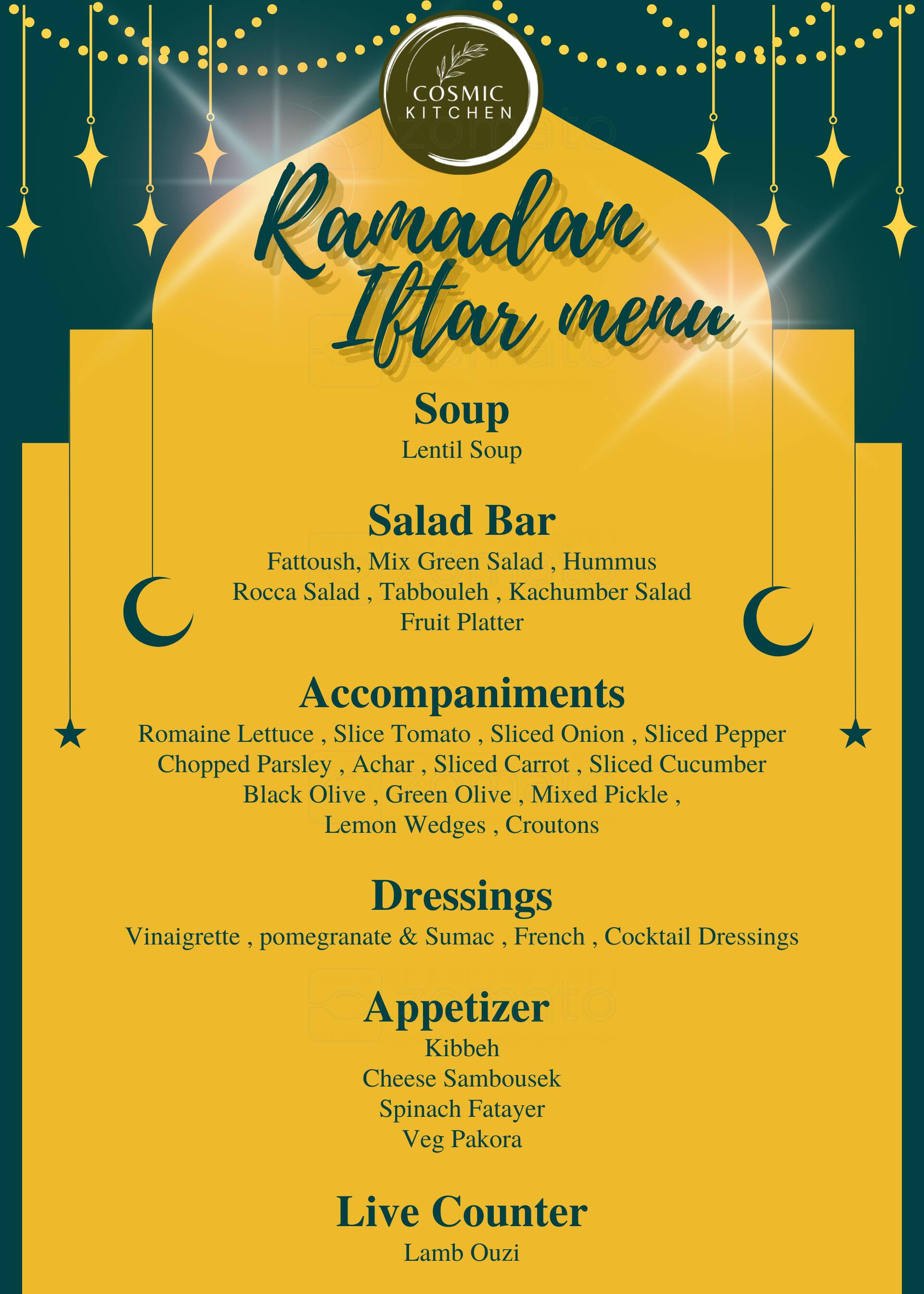 Menu of Cosmic Kitchen, Al Satwa, Dubai