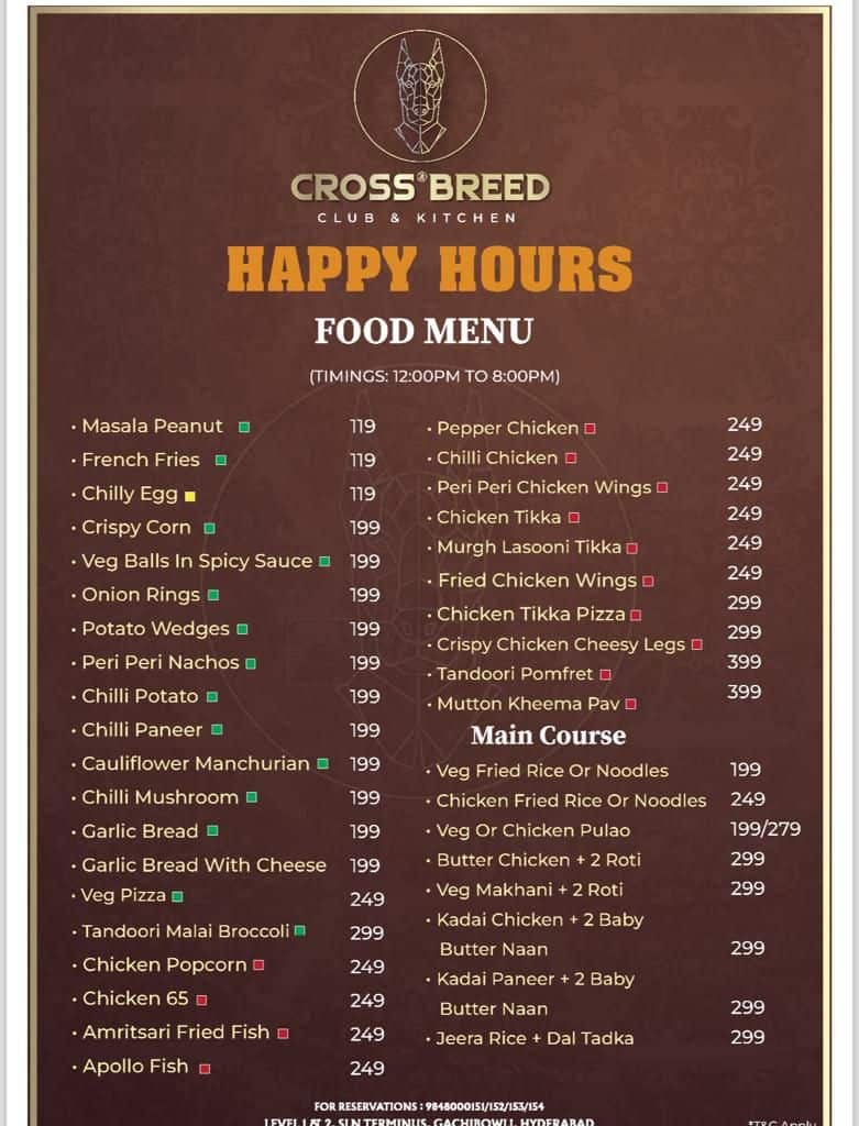 Menu of Cross Breed Club & Kitchen, Gachibowli, Hyderabad