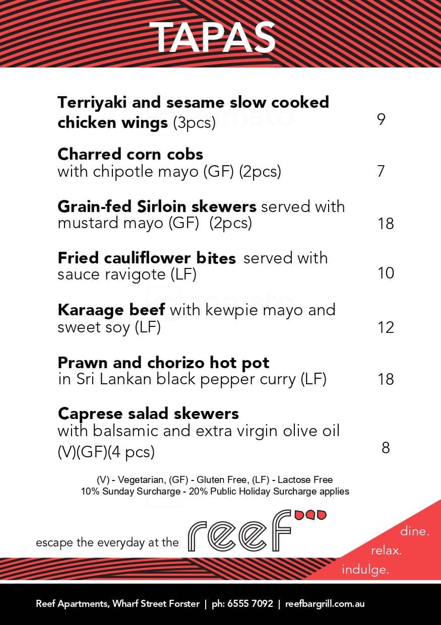 Menu at Reef restaurant, Forster