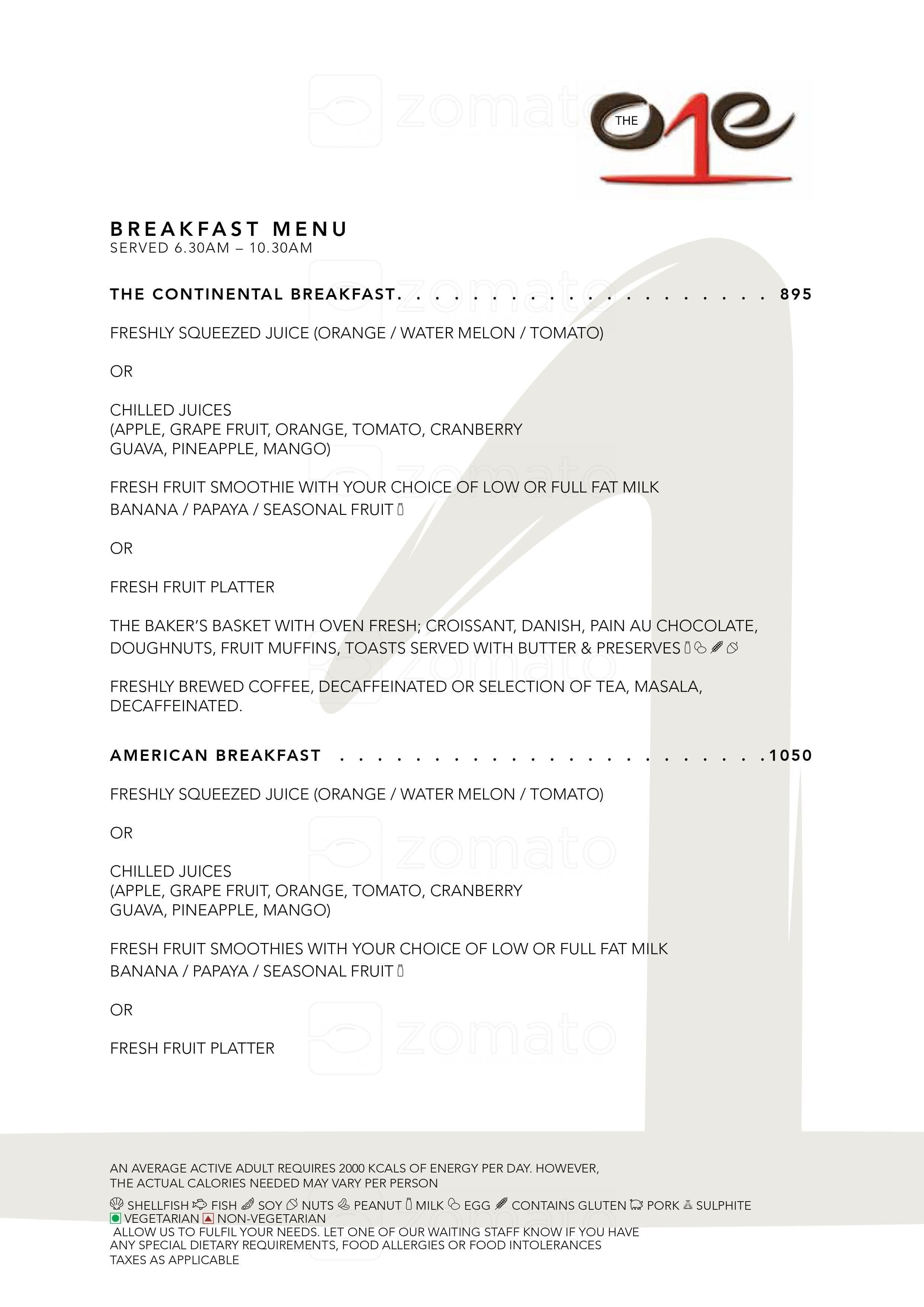 Menu of The One - Le Meridien, Janpath, New Delhi