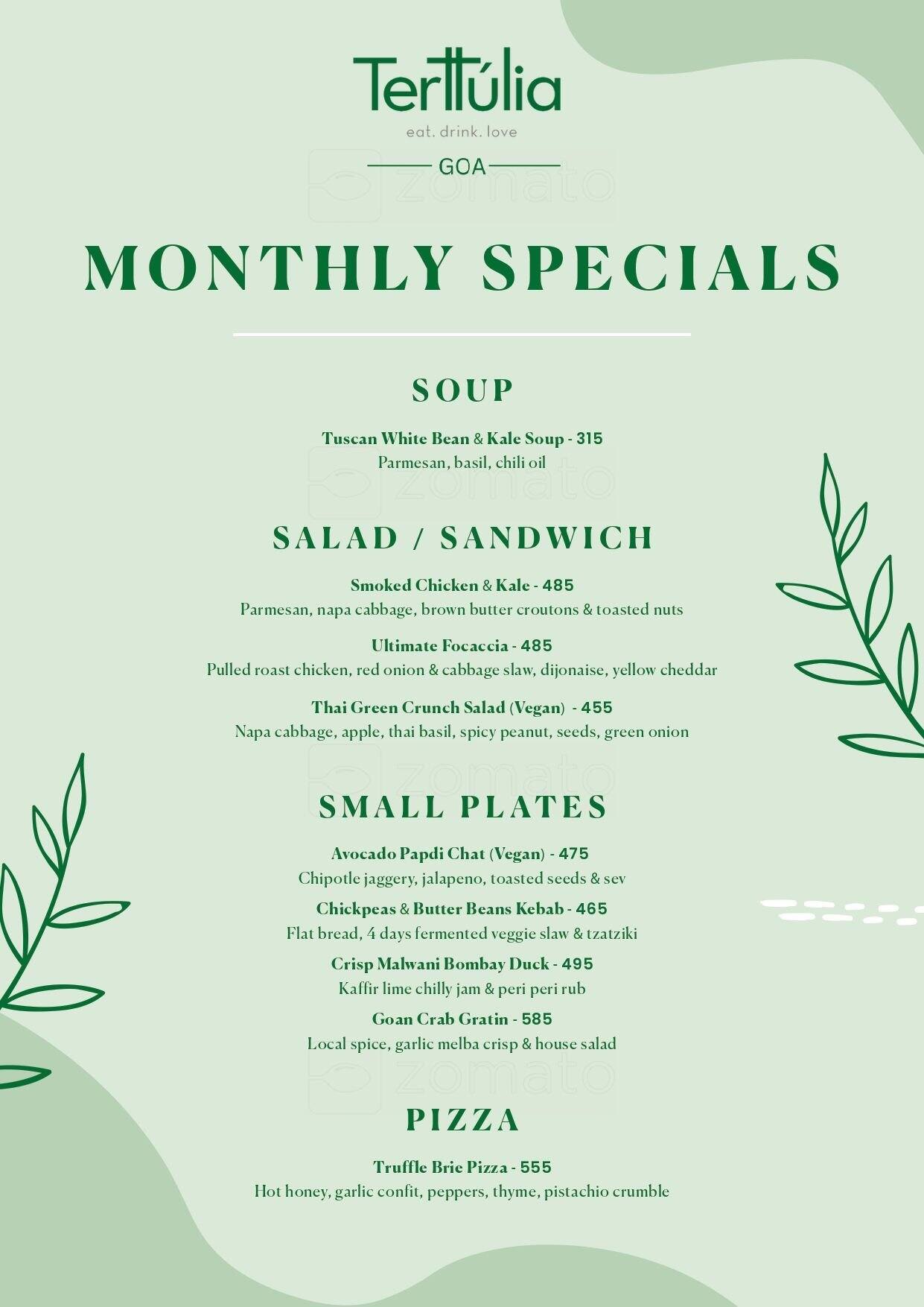 Menu of Terttulia, Panaji, Goa