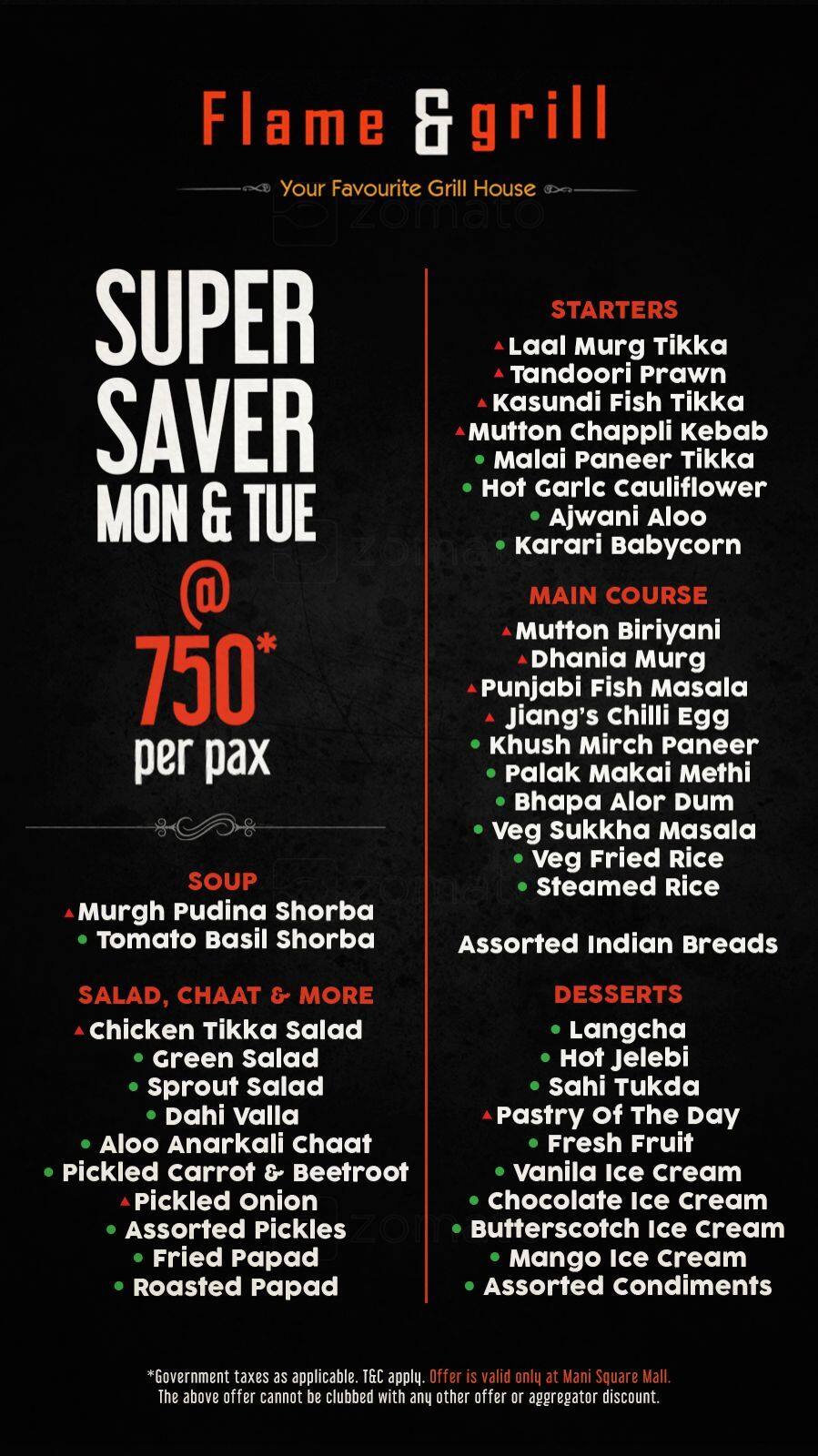Menu of Flame & Grill, Mani Square Mall, EM Bypass, Kolkata