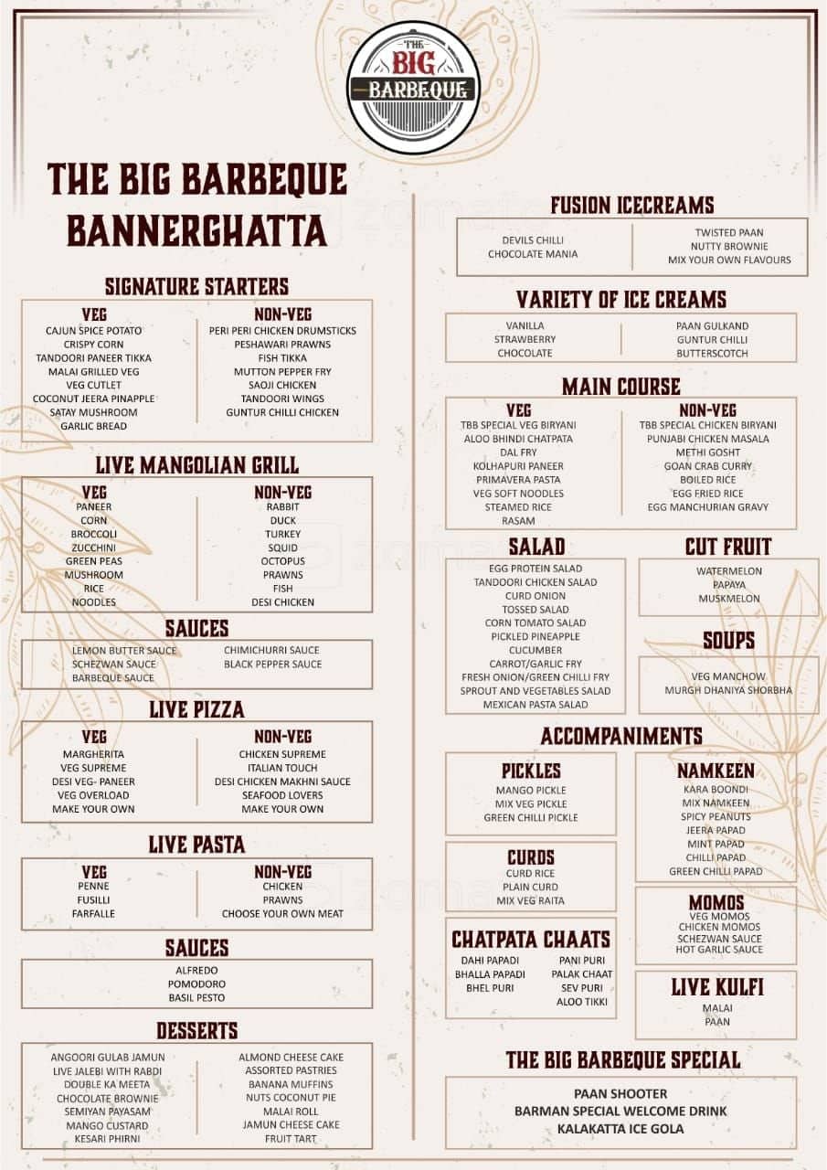 Menu of The Big Barbeque, Bannerghatta Road, Bangalore