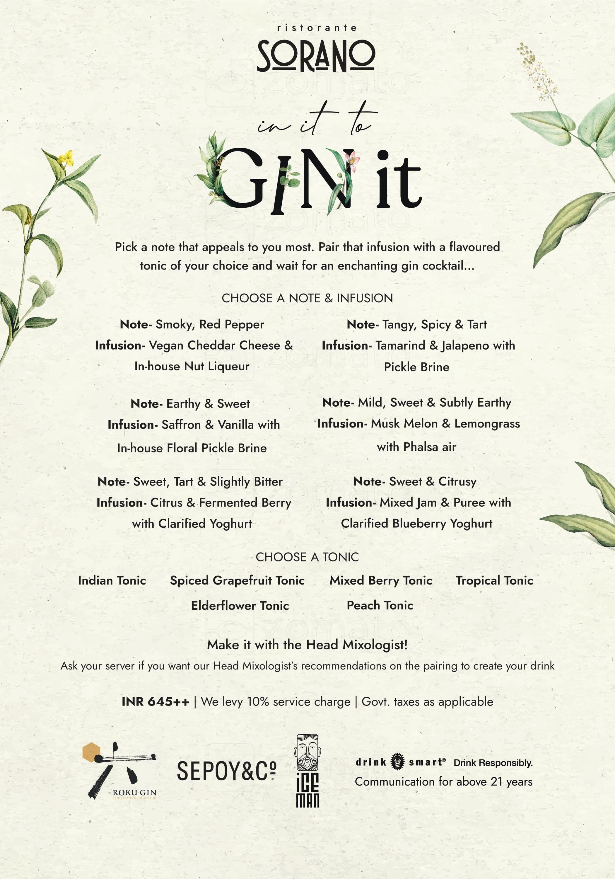 Menu at Sorano, Kolkata