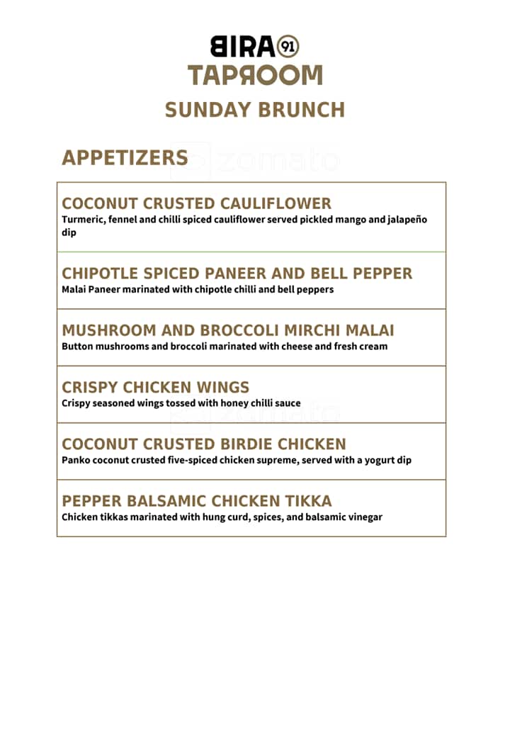 Menu at Bira 91 Taproom, Koramangala, Bengaluru