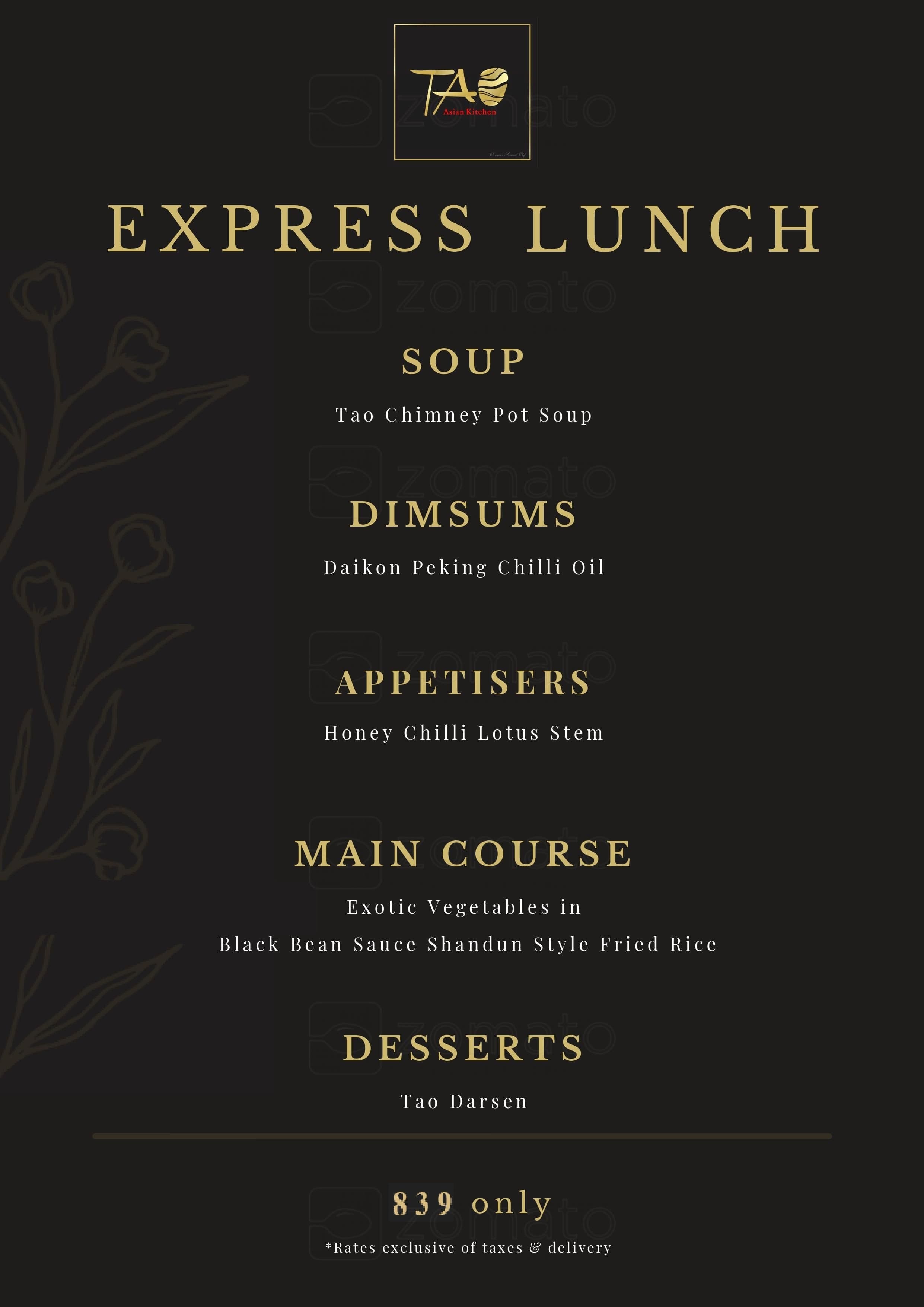 Menu of TAO - Asian Kitchen, Reclamation, Bandra West, Mumbai