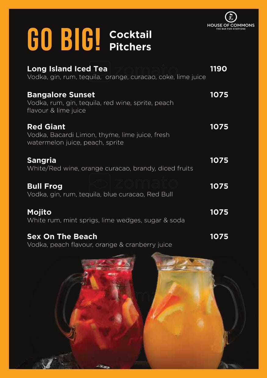 Menu at House of Commons, Bengaluru, 1st Floor