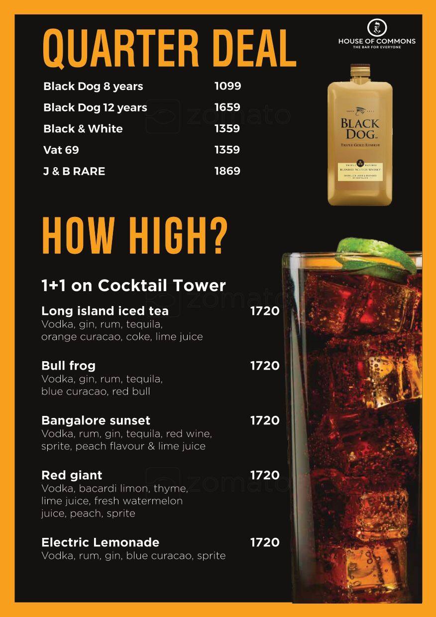 Menu at House of Commons, Bengaluru, 1st Floor