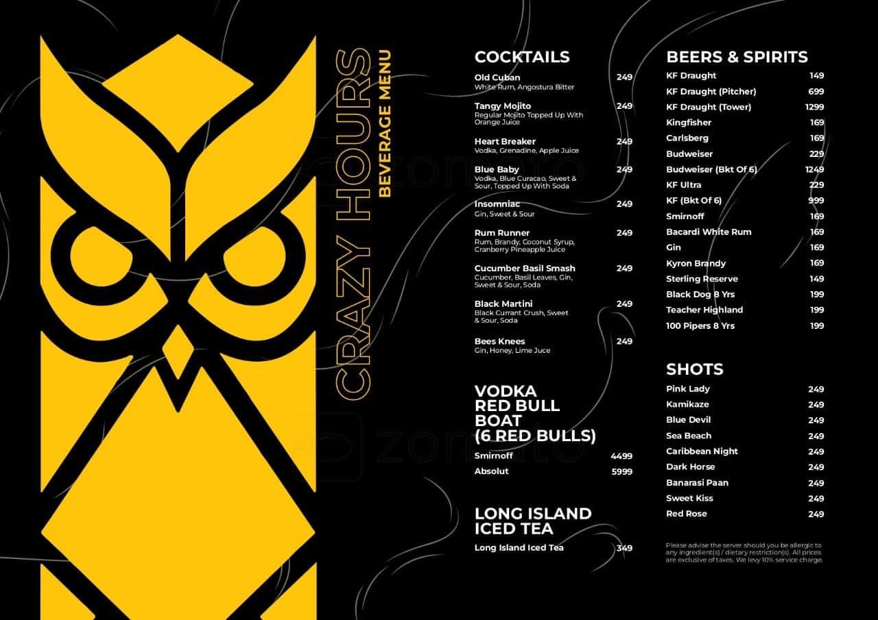 Menu of Insomnia, Jubilee Hills, Hyderabad