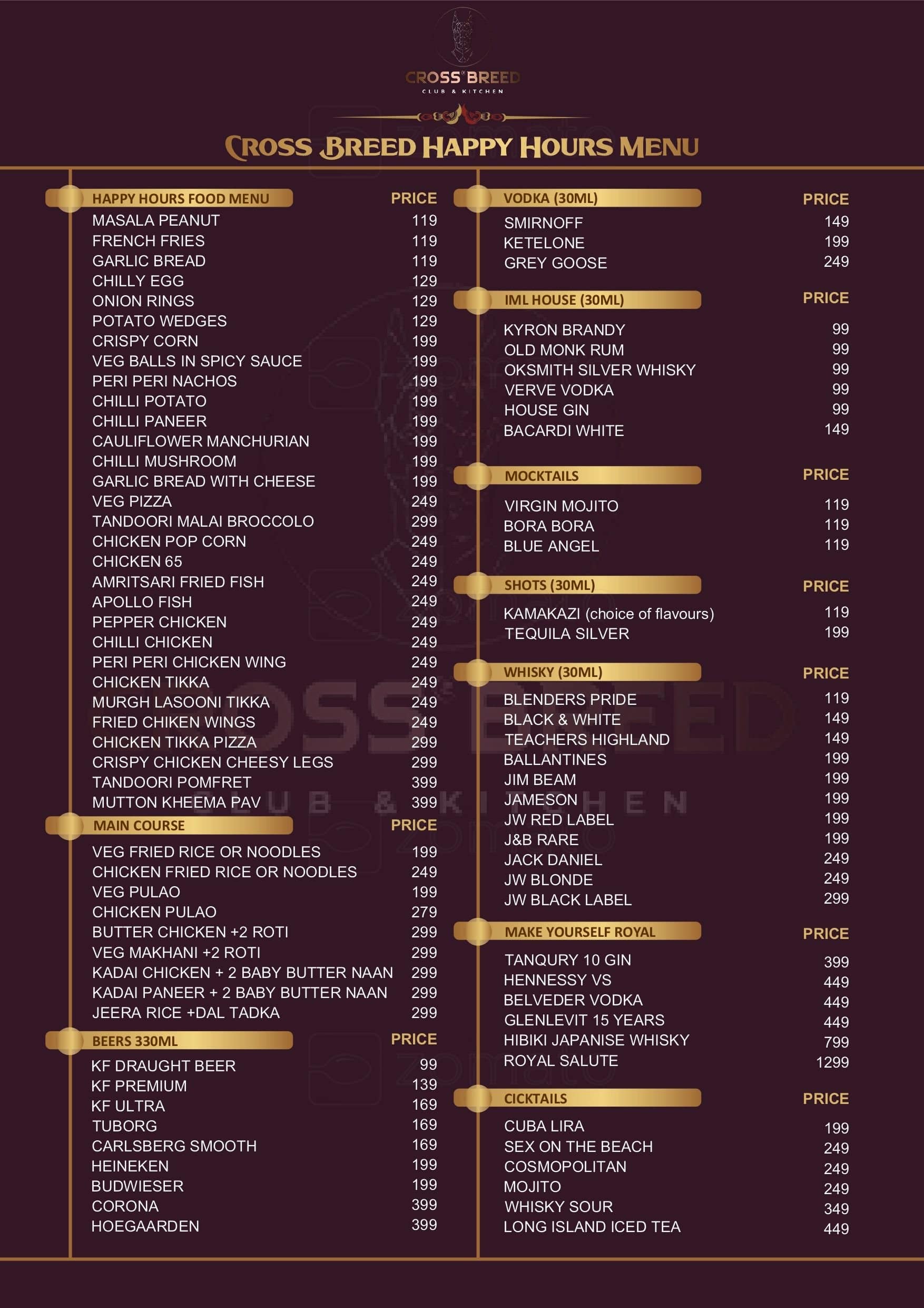 Menu of Cross Breed Club & Kitchen, Gachibowli, Hyderabad