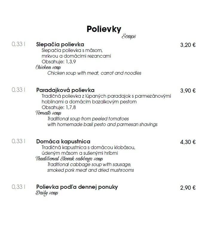 Menu at BERG restaurant, Bratislava