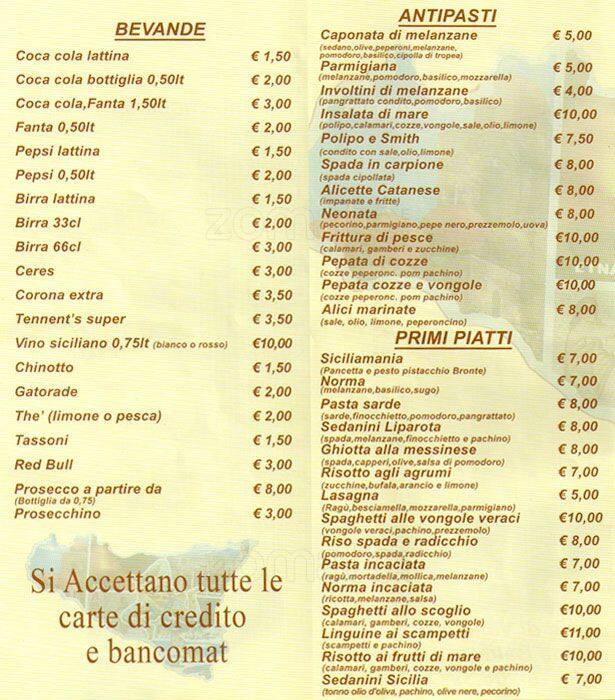 Menu at Rosticceria Siciliana Roma "Sicilia Mania" cafe, Rome