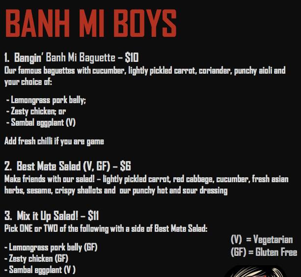 Menu at Banh Mi Boys, Melbourne