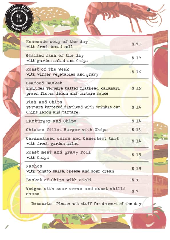 Menu at Osborne Park Bowling Club, Perth