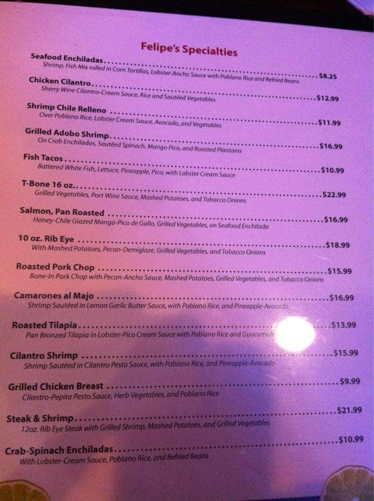 Menu at Ceviche restaurant, Durant