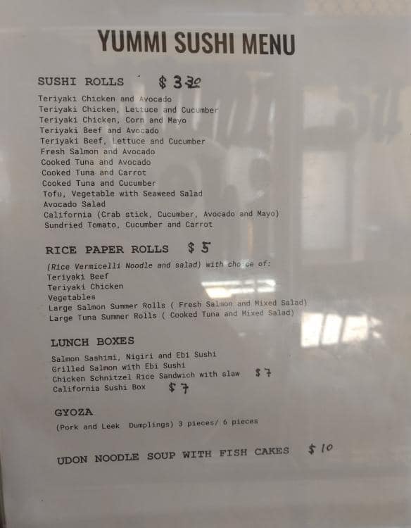 Menu at Yummi Sushi restaurant, Sutherland, 3/31 Eton St