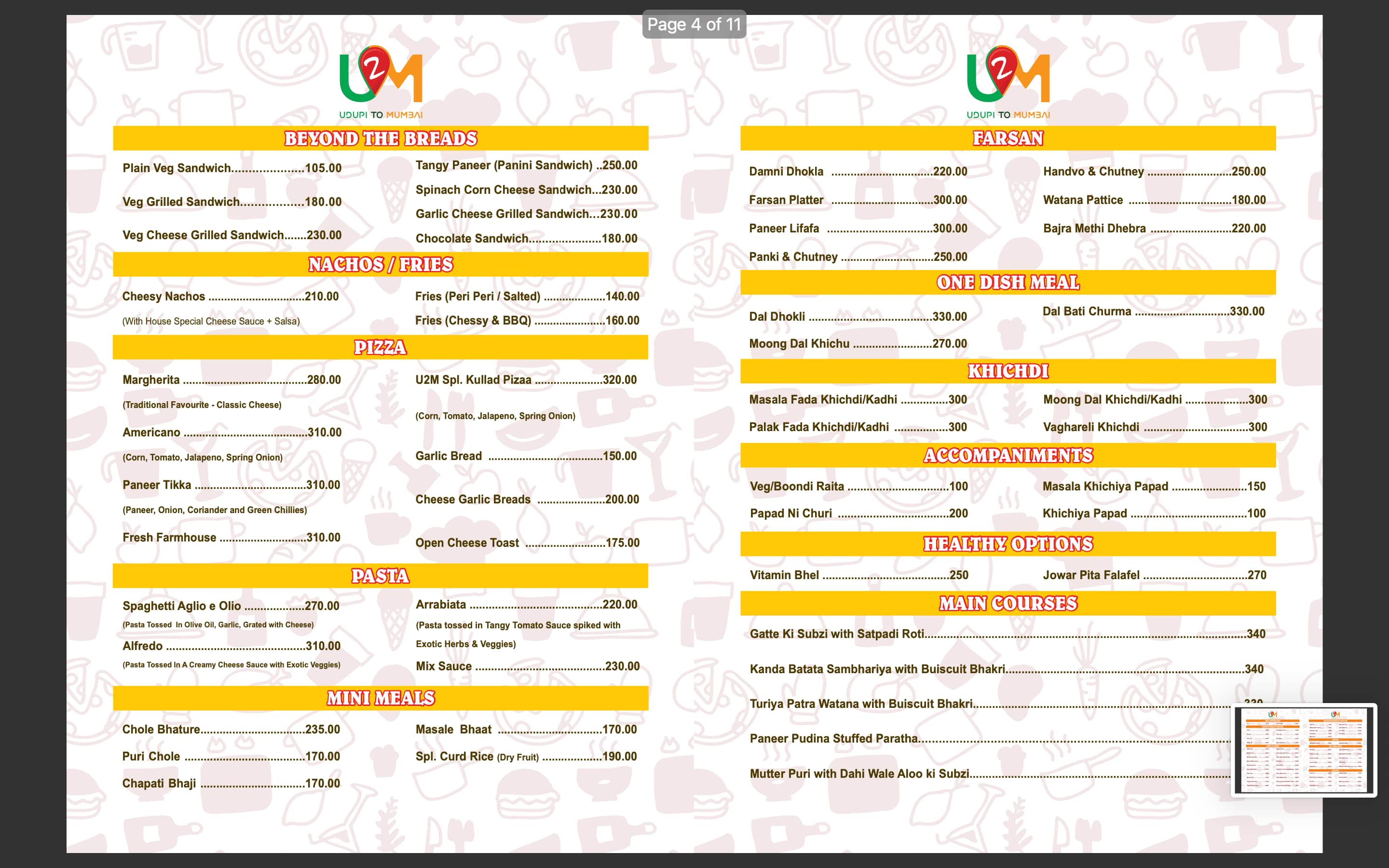 Menu at Udupi to mumbai, Mumbai