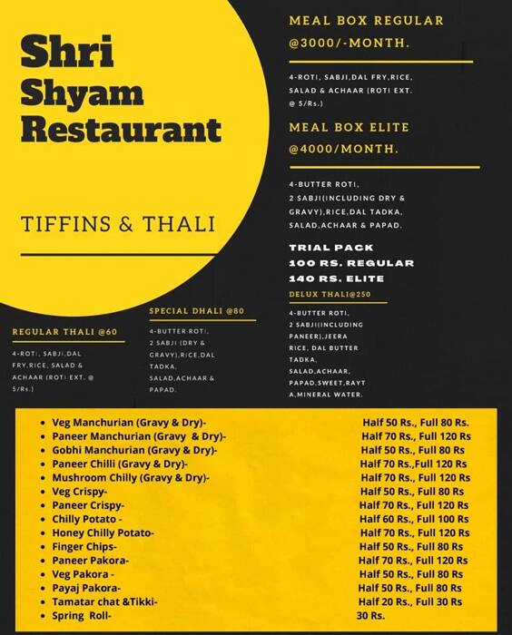 Menu of Shri Shyam Restaurant, Gomti Nagar, Lucknow