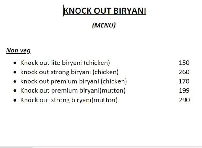 Menu of Knock Out Biryani, Nagole, Hyderabad