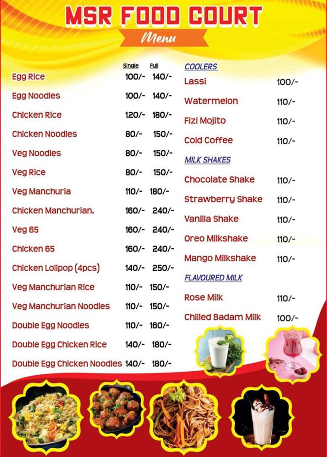 Menu of MSR Food Court, Narapally, Hyderabad