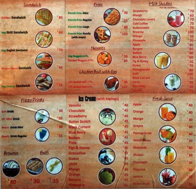 Menu at LFC, Coimbatore, Opposite Mega Mart