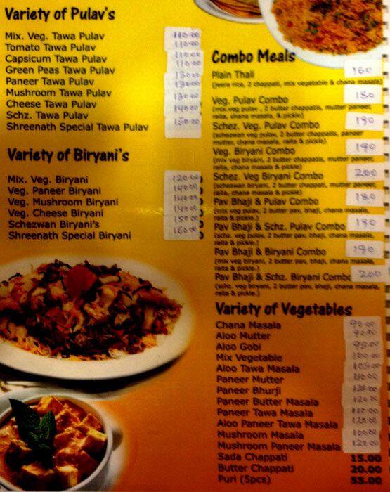 Menu at Sreenath Pav Bhaji, Navi Mumbai